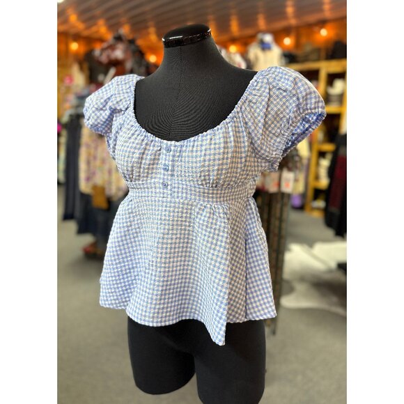 BOUTIQUE | Tops | New Blue Gingham Puff Sleeve Top | Poshmark